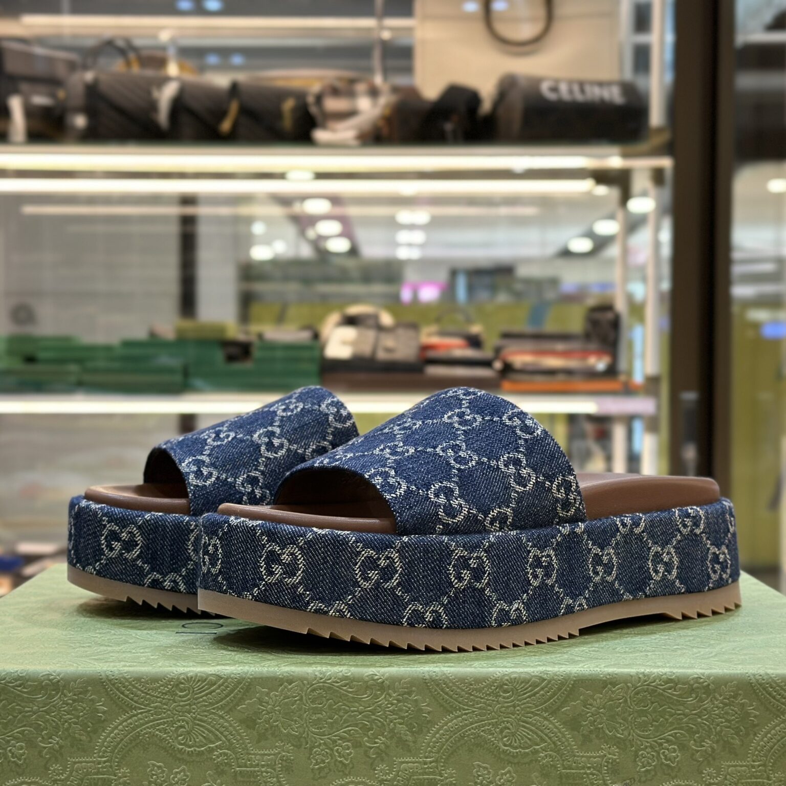 GUCCI GG Denim Canvas Platform Slide Sandals - Madame N Luxury
